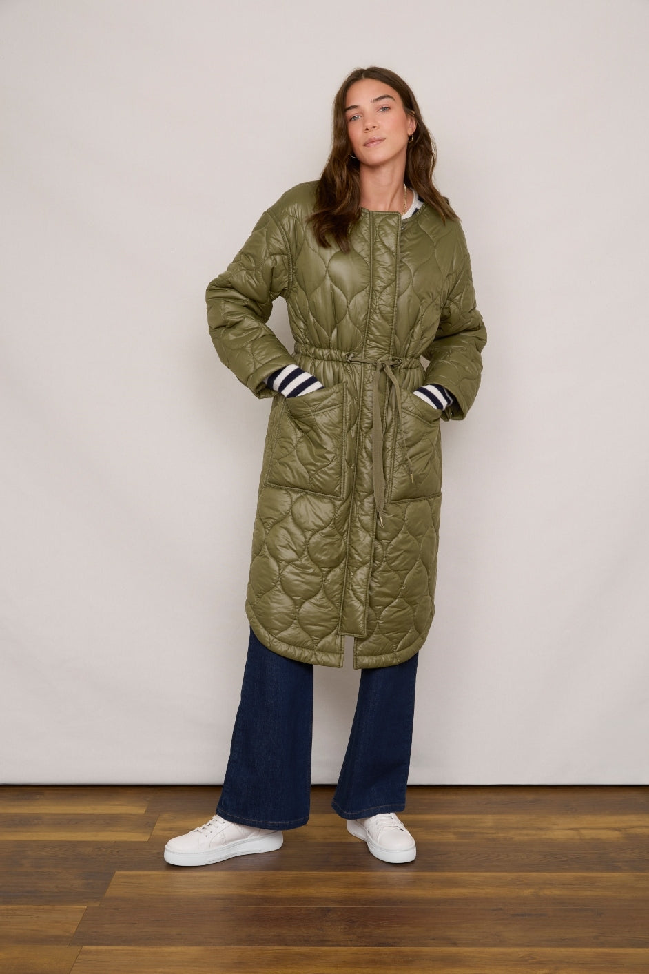 Netty Longline Quilted Coat - Khaki – WYSE London