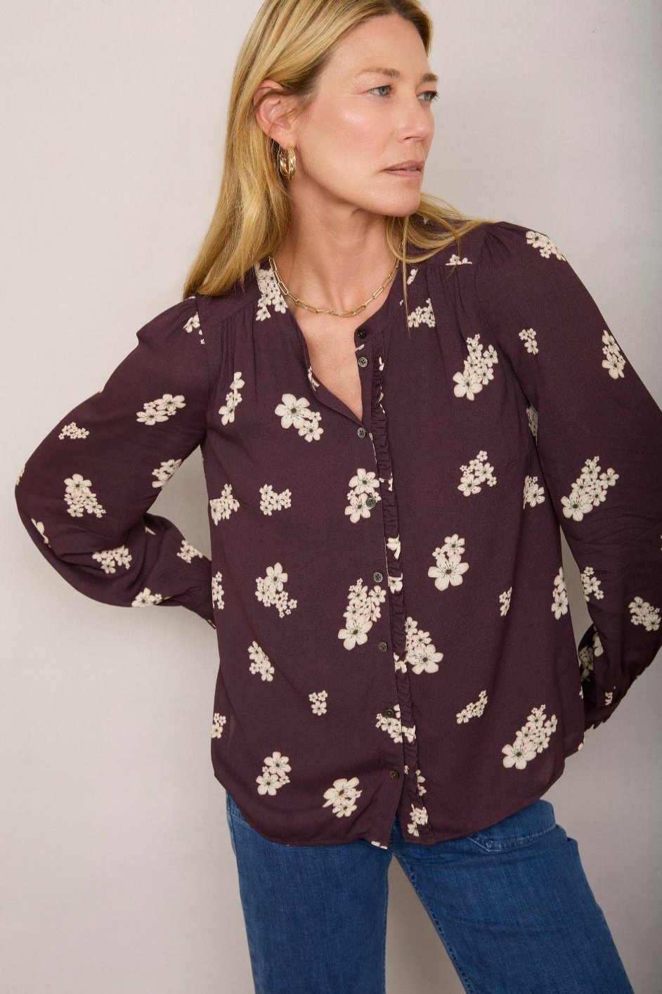 Norah Blouse - Deep Plum Ecru Floral – WYSE London