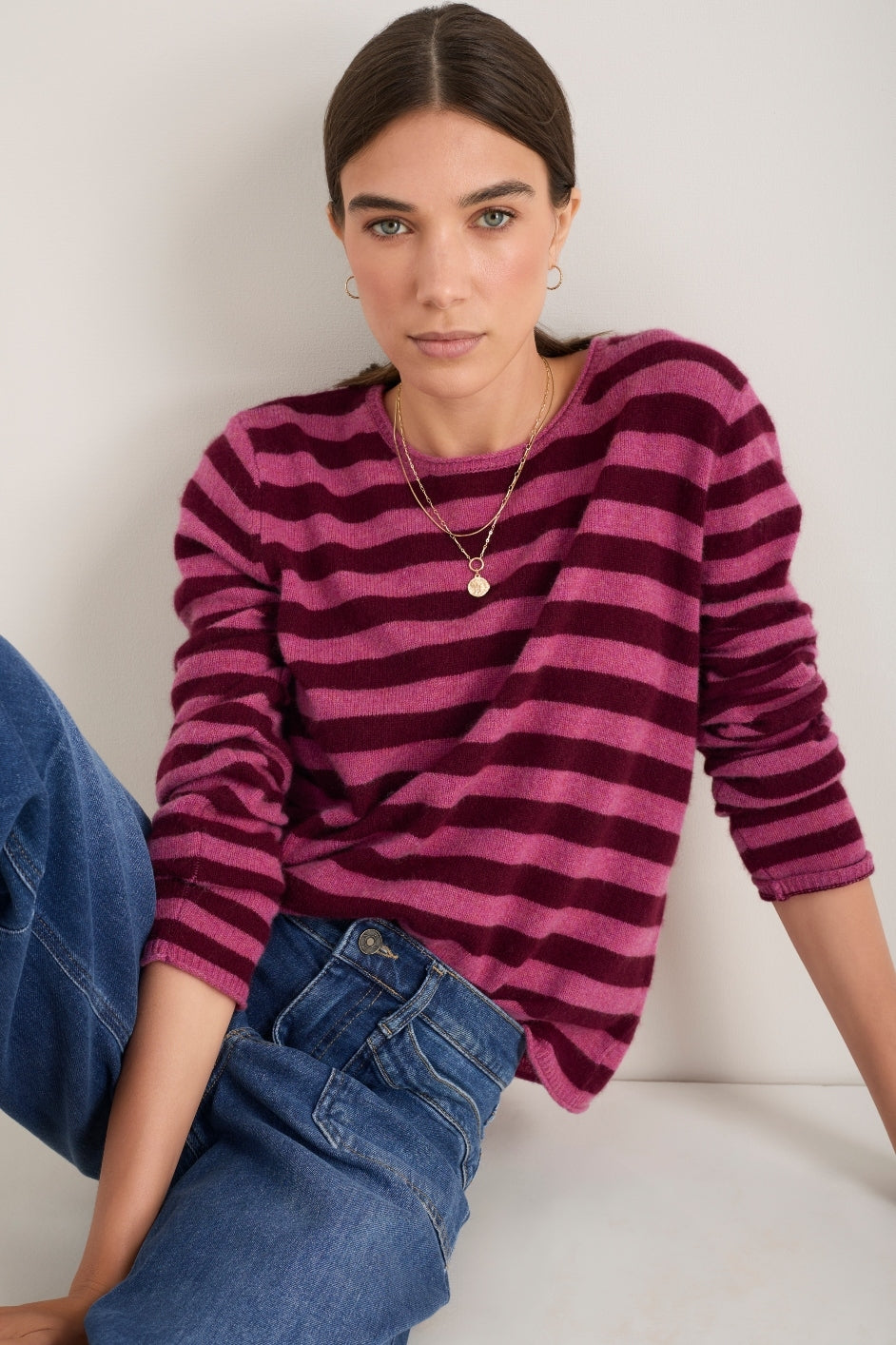 Chrissie Cashmere Jumper - Raspberry/Deep Fig Stripe – WYSE London