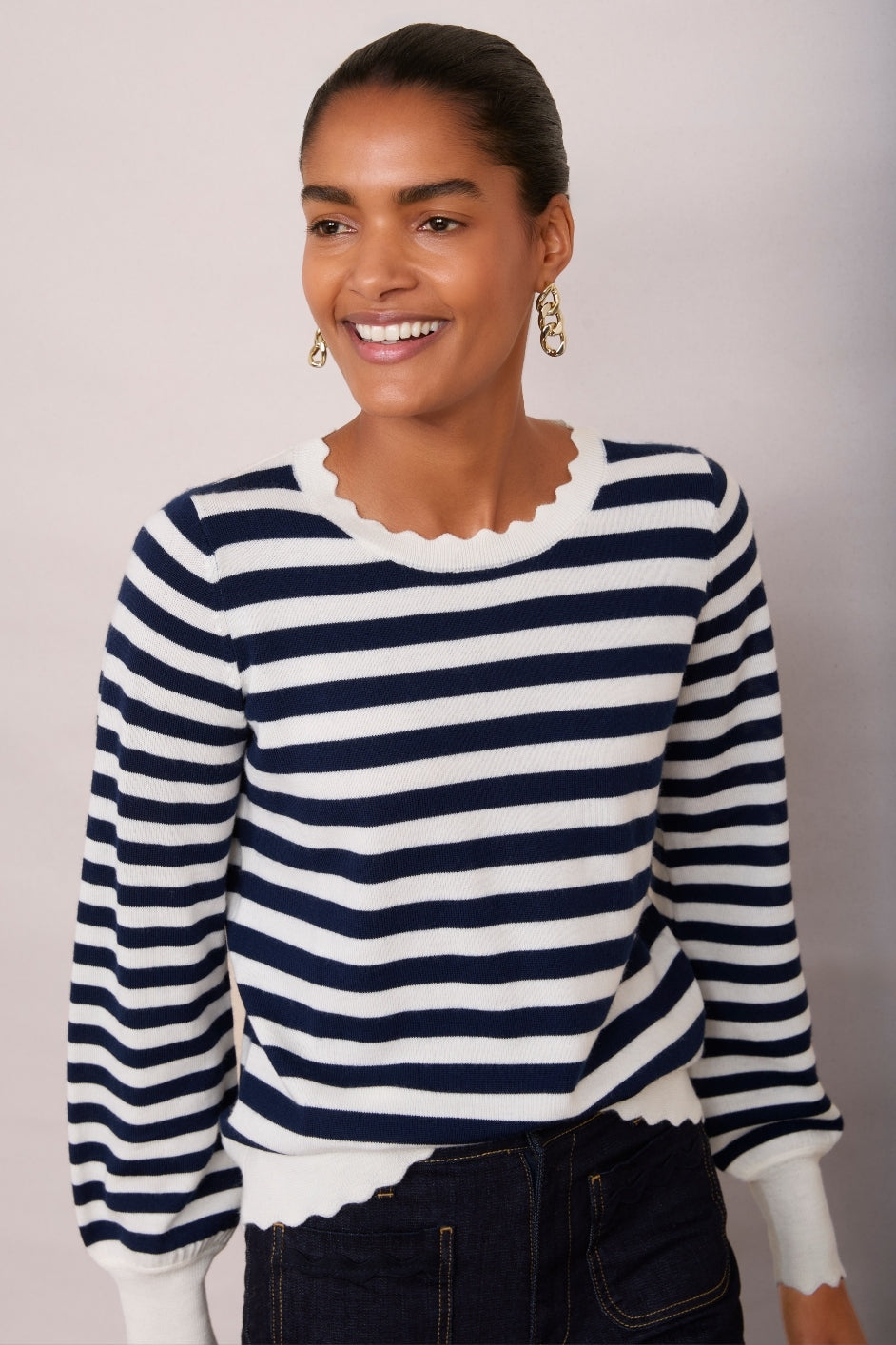 Fleurine Scallop Jumper - Midnight/Ecru Stripe – WYSE London