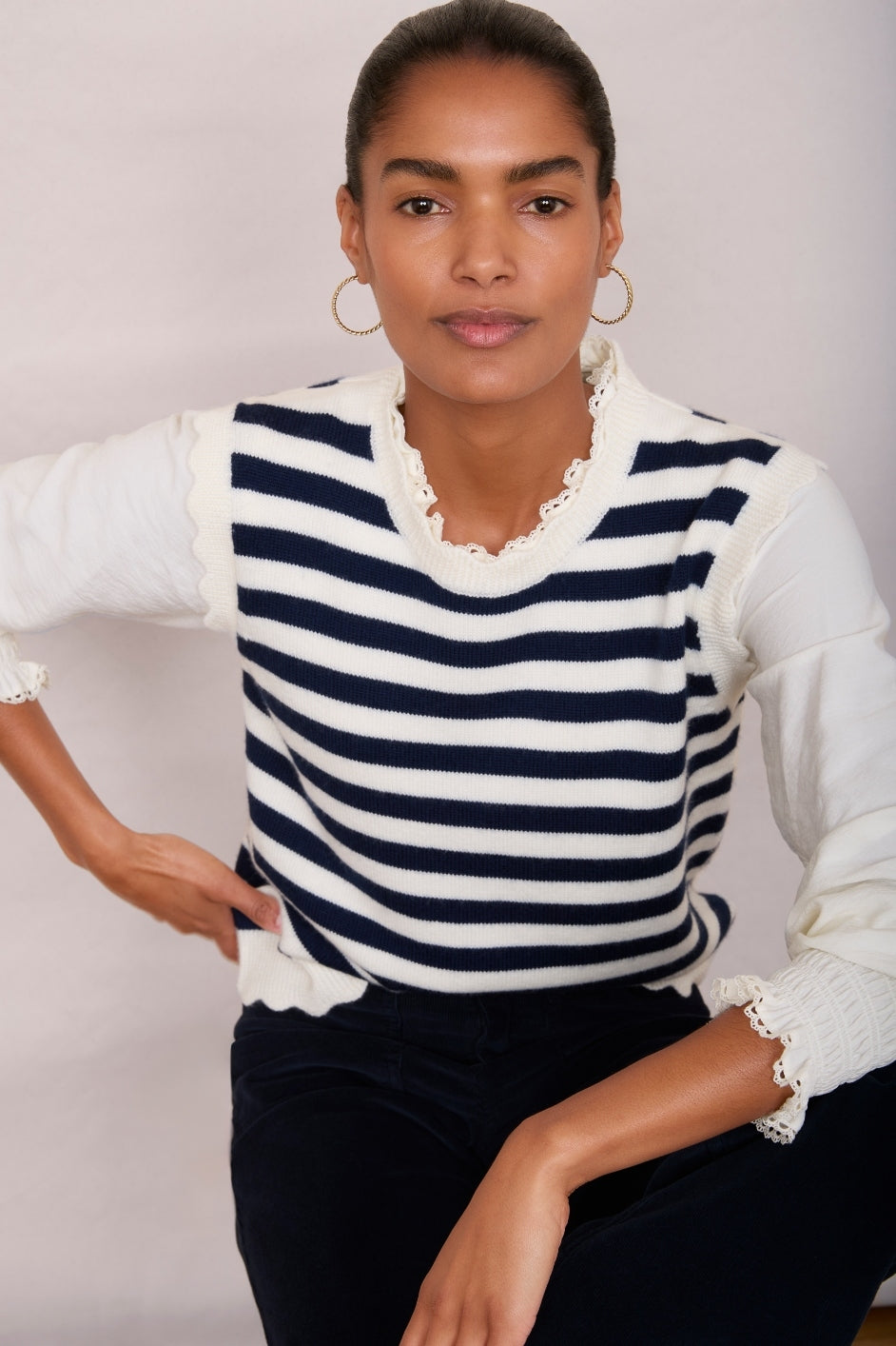 Fleurine Scallop Tank - Midnight/ Ecru Stripe – WYSE London