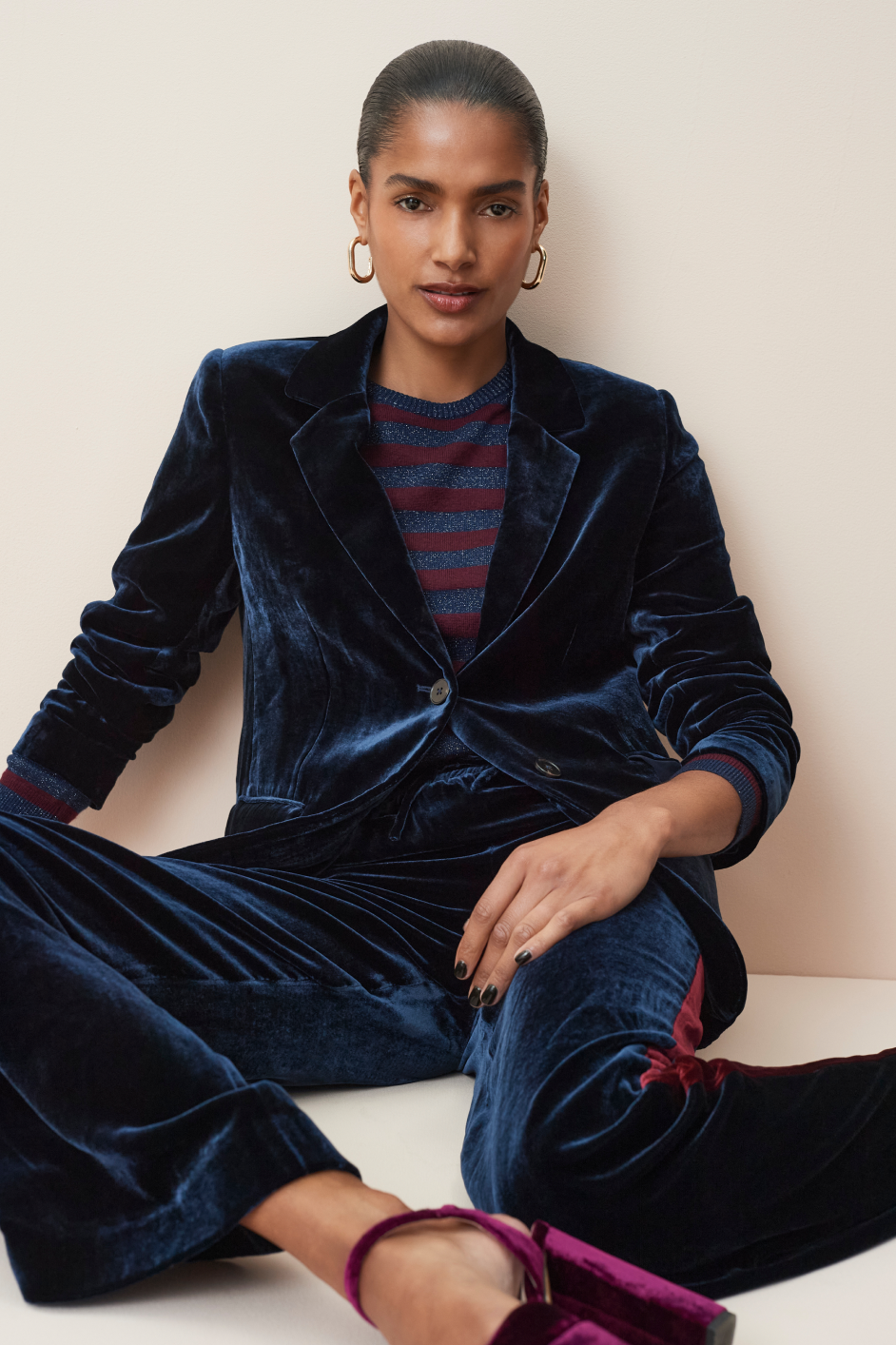 Aurora Silk Velvet Trouser - Midnight/Plum Stripe – WYSE London