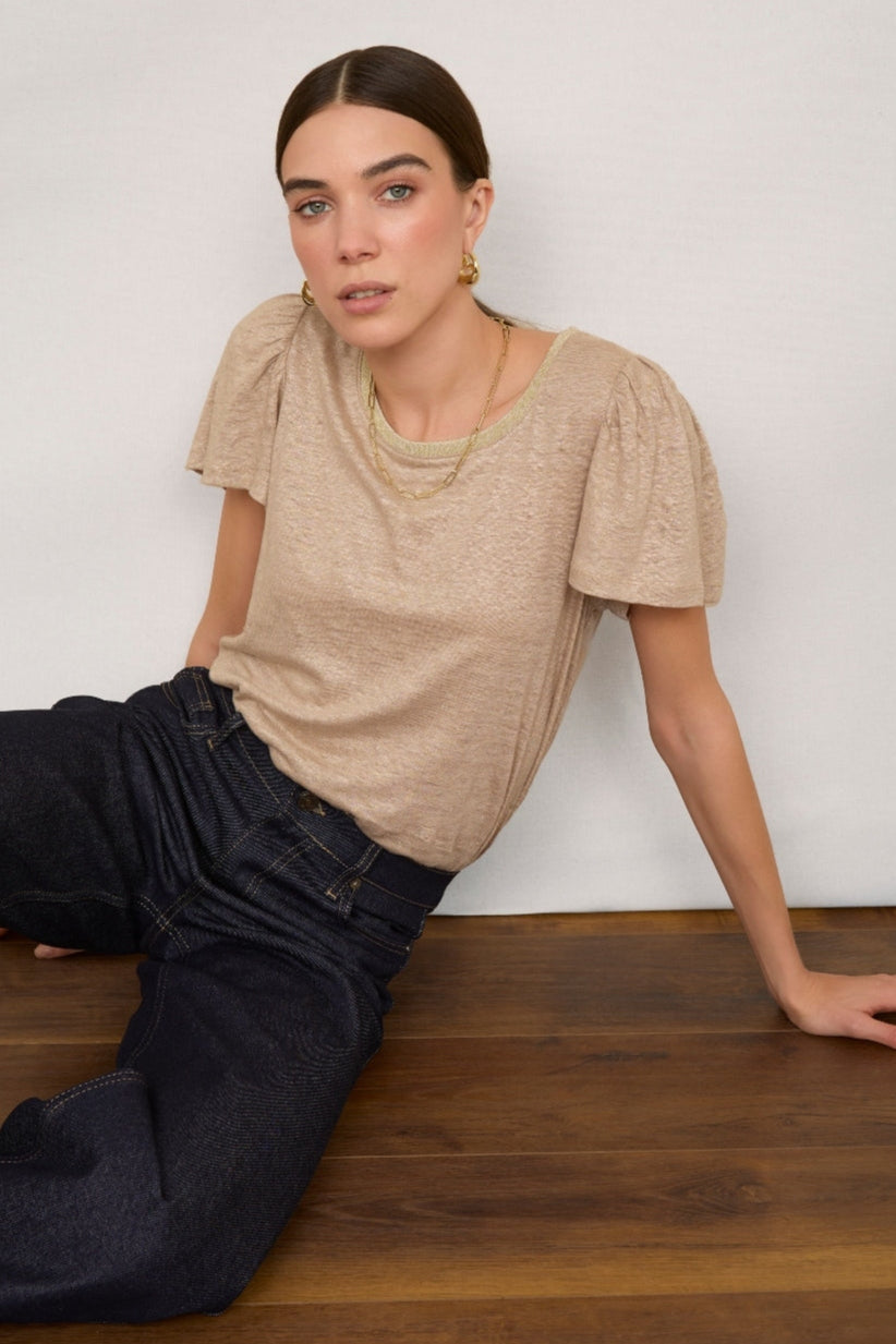 Lily Linen Round Neck Shimmer Tee Shirt - Oat/Gold – WYSE London