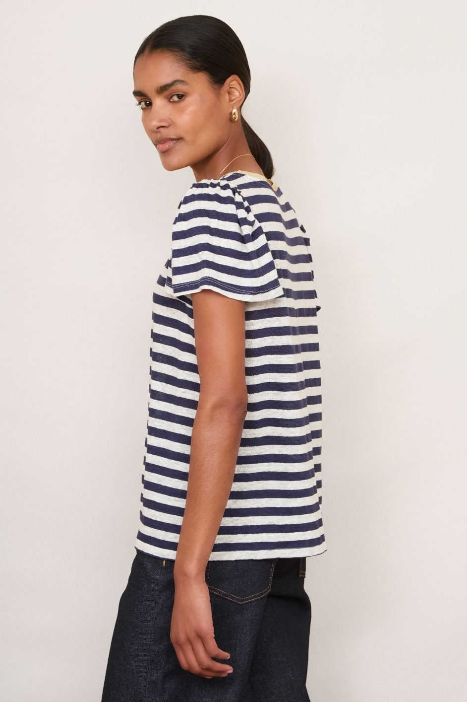 Lily Linen Tee Shirt - Midnight/Ivory Stripe – WYSE London