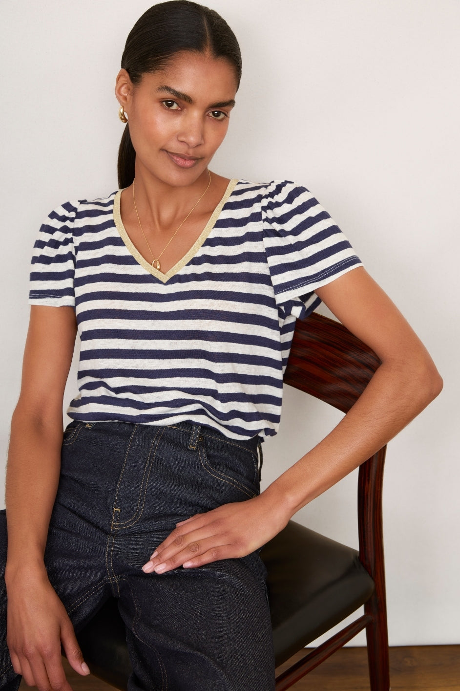 Lily Linen Tee Shirt - Midnight/Ivory Stripe – WYSE London