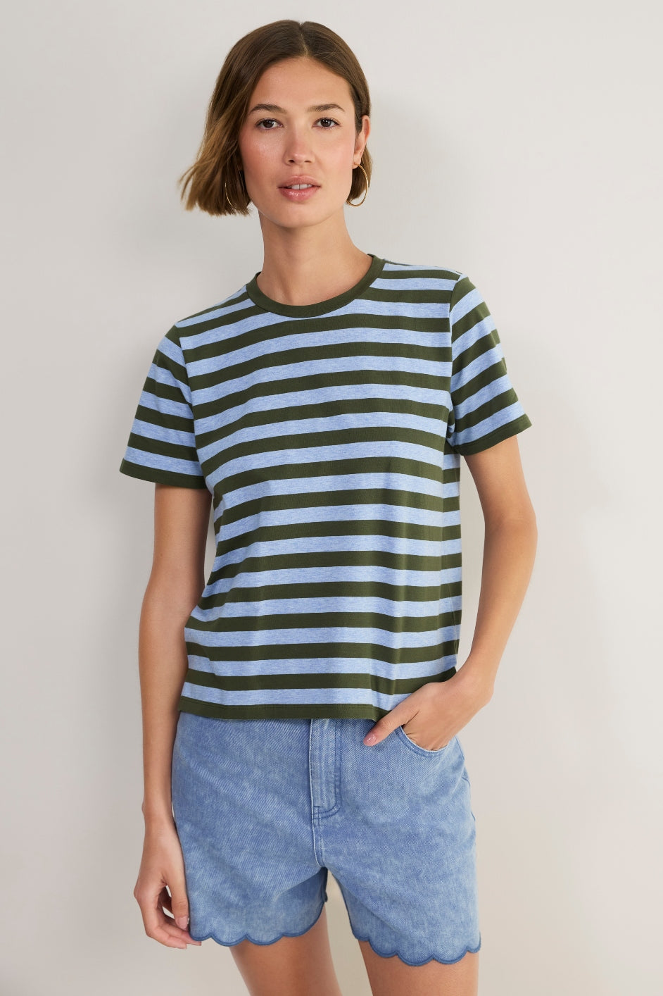 Marley Short Sleeve T-Shirt - Denim Blue/Olive Stripe – WYSE London