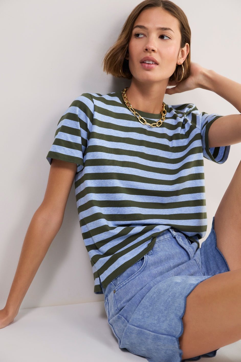 Marley Short Sleeve T-Shirt - Denim Blue/Olive Stripe – WYSE London