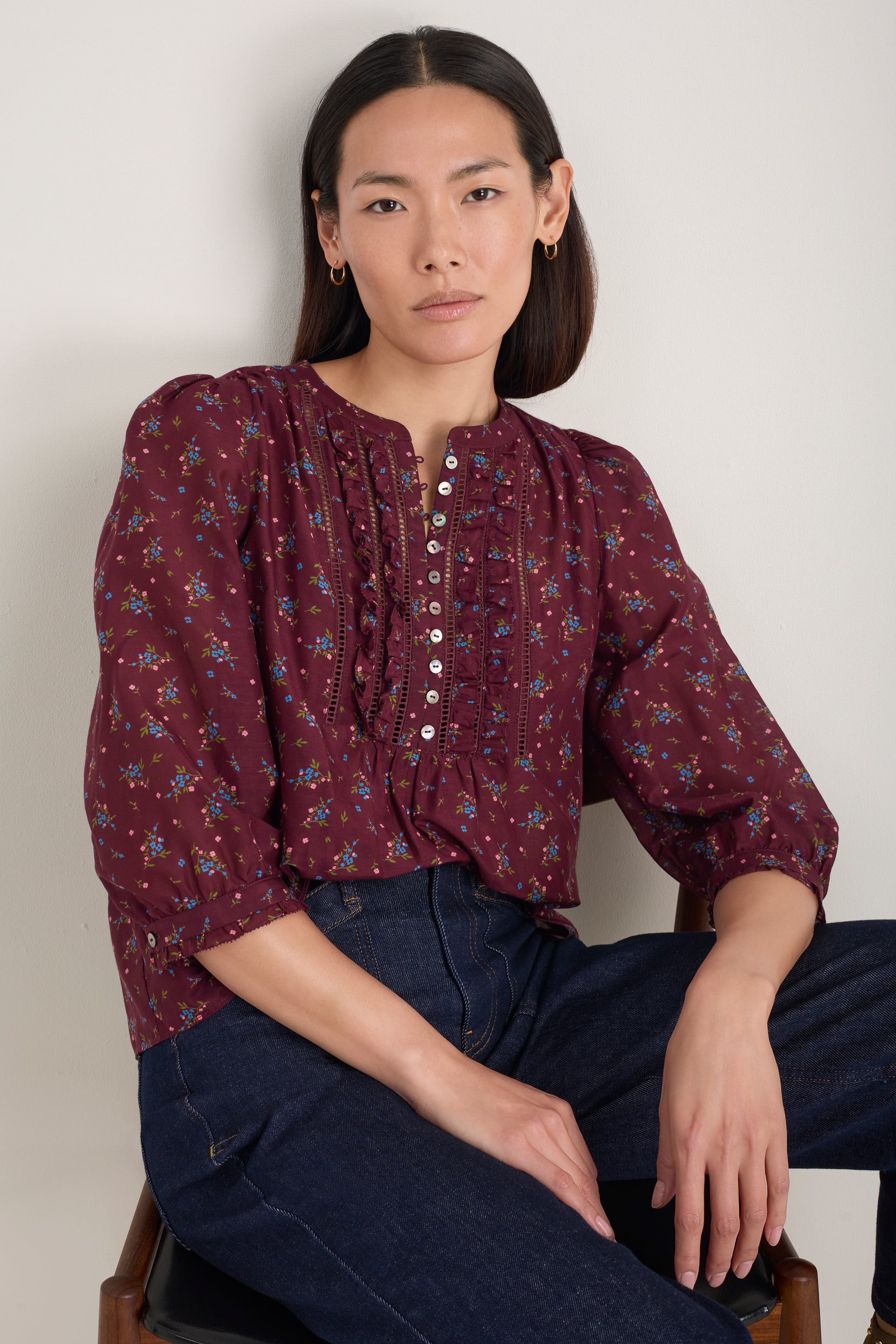 Veda 3/4 Sleeve Top - Deep Fig Sprig Floral – WYSE London