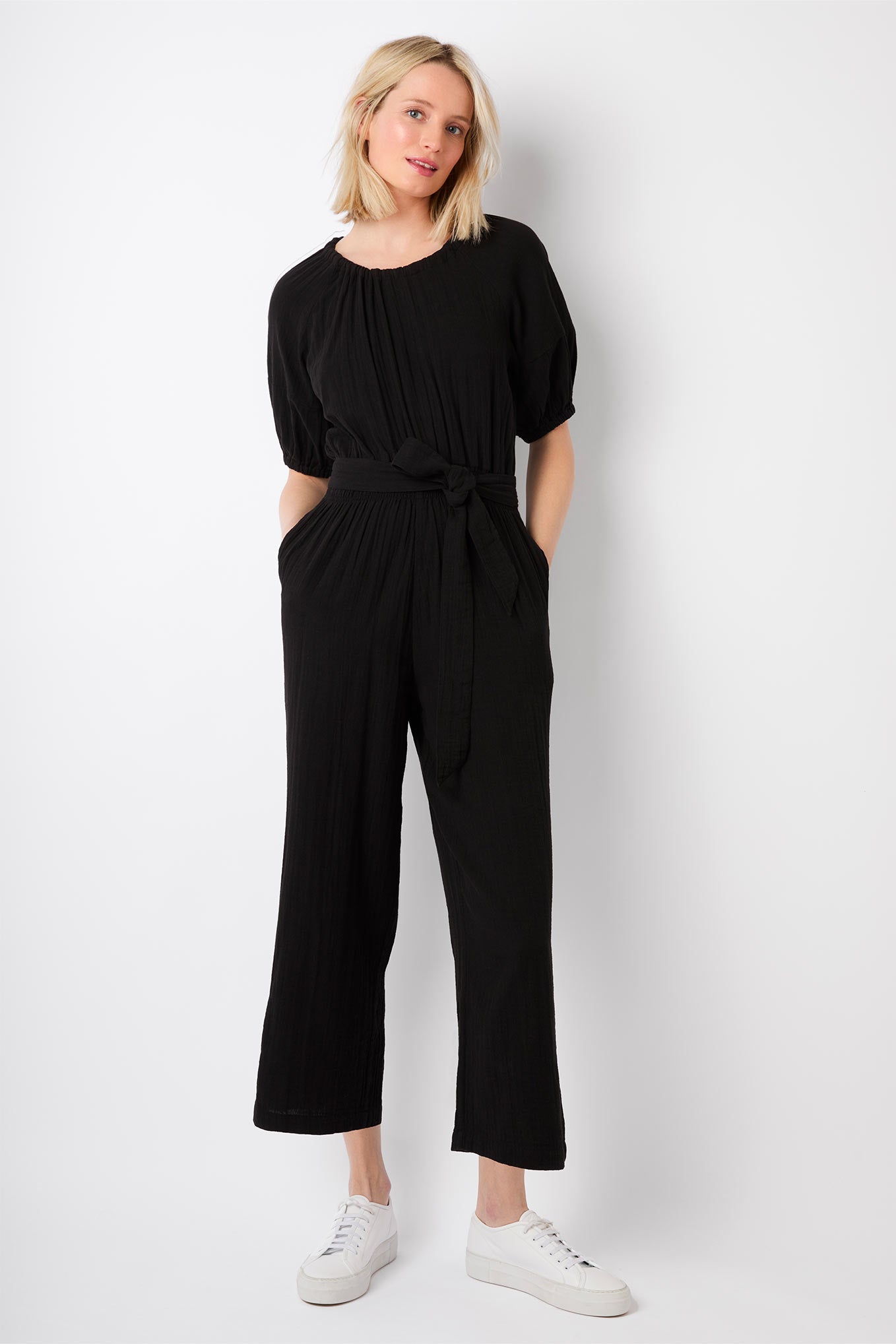 Elsa Tie Detail Double Gauze Jumpsuit - Black – WYSE London